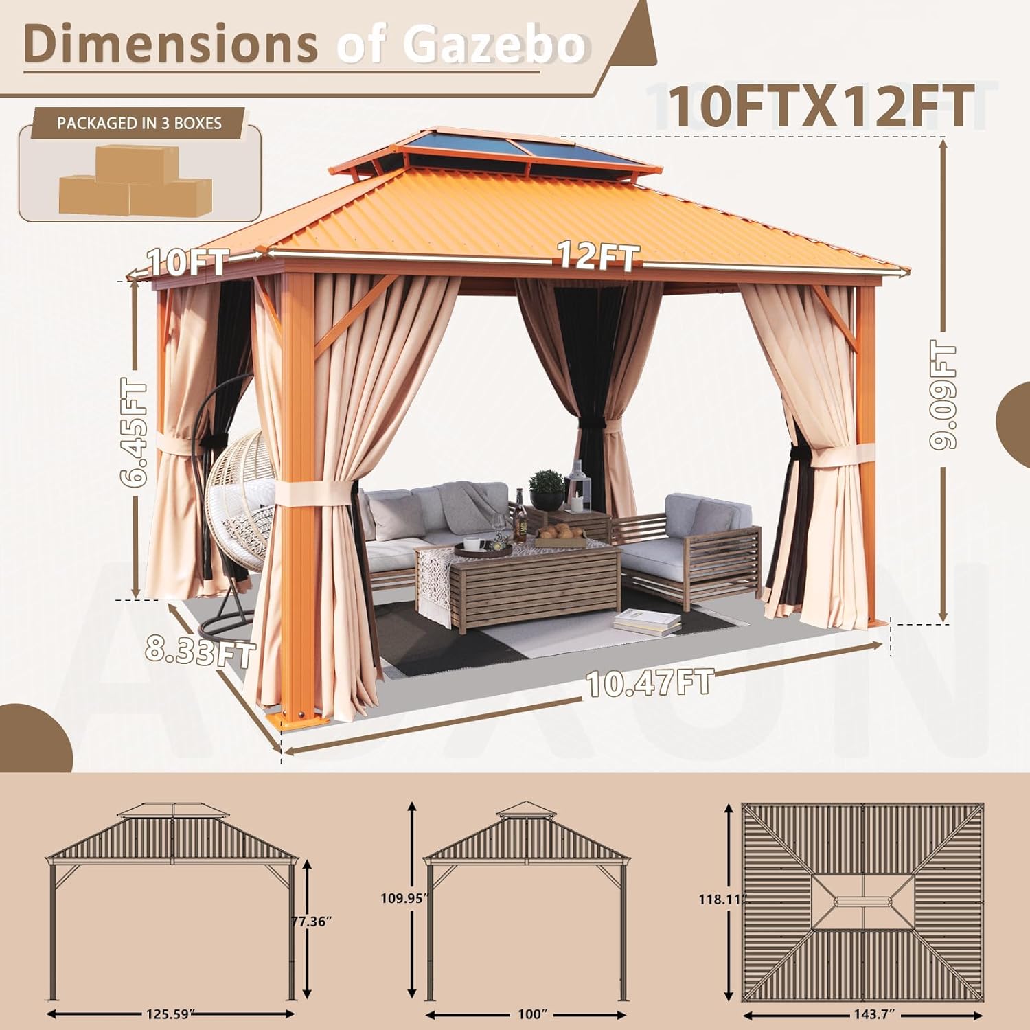 Hardtop Gazebo 10x12ft, Outdoor Polycarbonate and Galvanized Dual-Layer ...