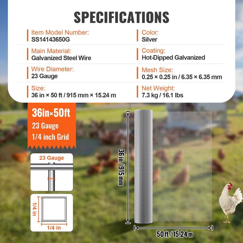 Hardware Cloth, 1/4 inch 48in x 50 ft 23 Gauge, Hot Dipped Galvanized ...