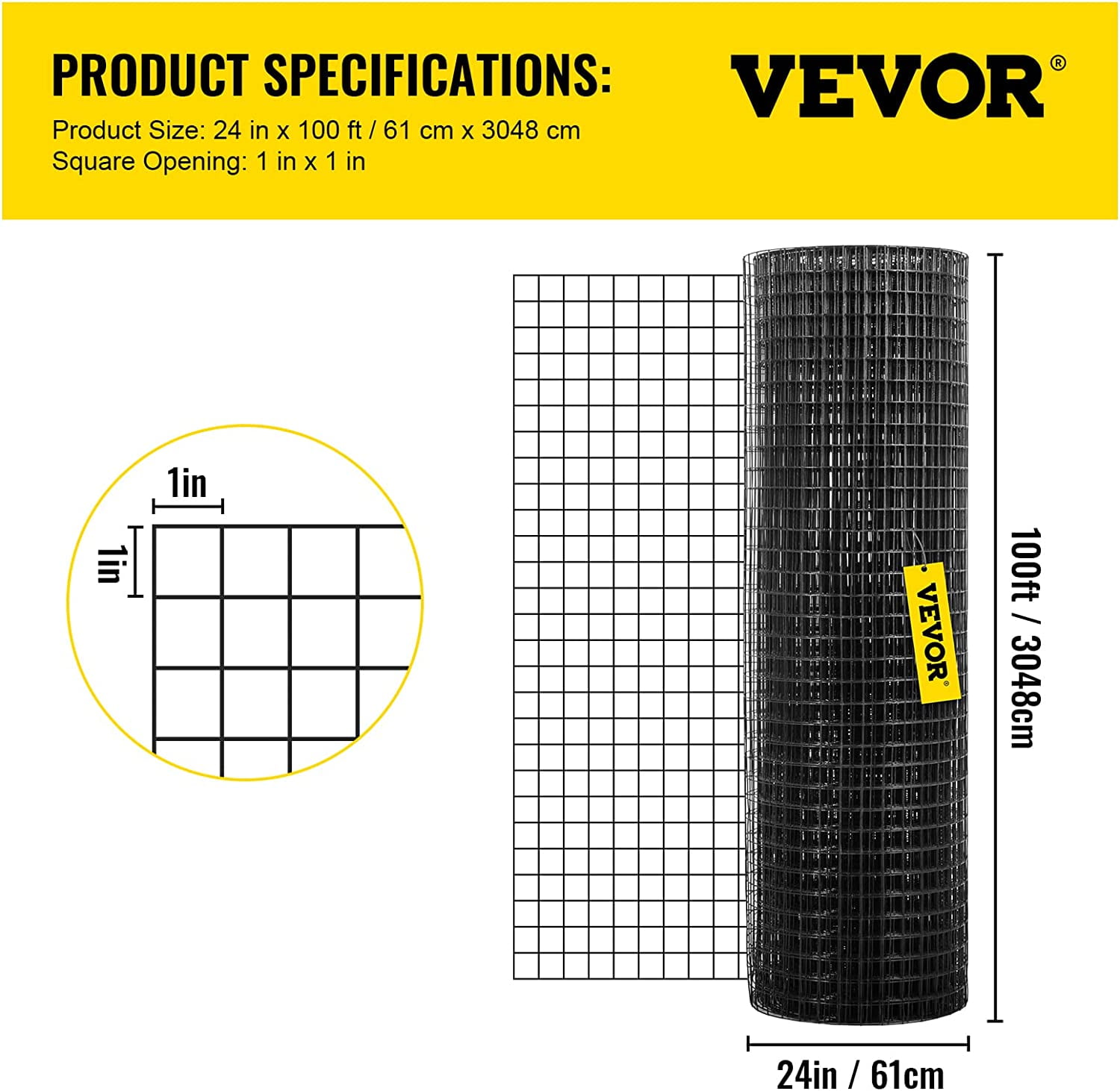 Hardware Cloth, 24" x 100' & 1"x1" Mesh Size, Galvanized Steel Vinyl ...