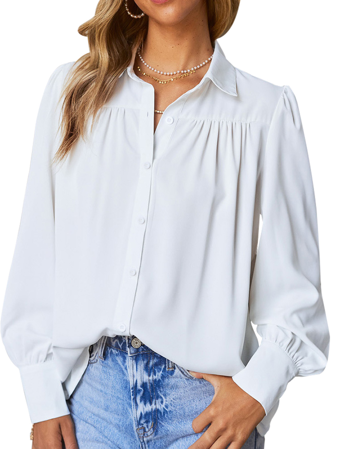 Merqwadd Women Button-down Ruffle Shirt V-neck Long Sleeve Blouse ...