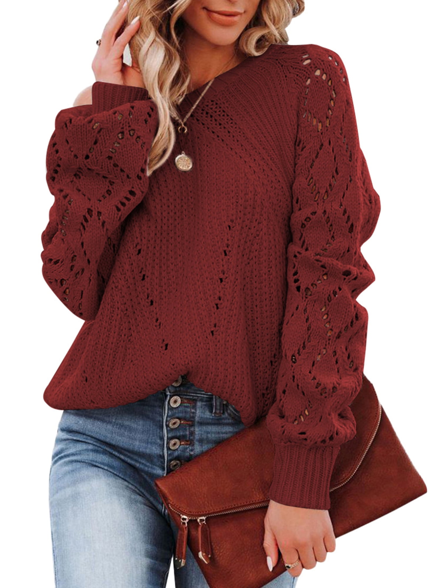 Harence Women's Lightweight Viscose Sweater, Long Sleeve Crewneck Knit ...