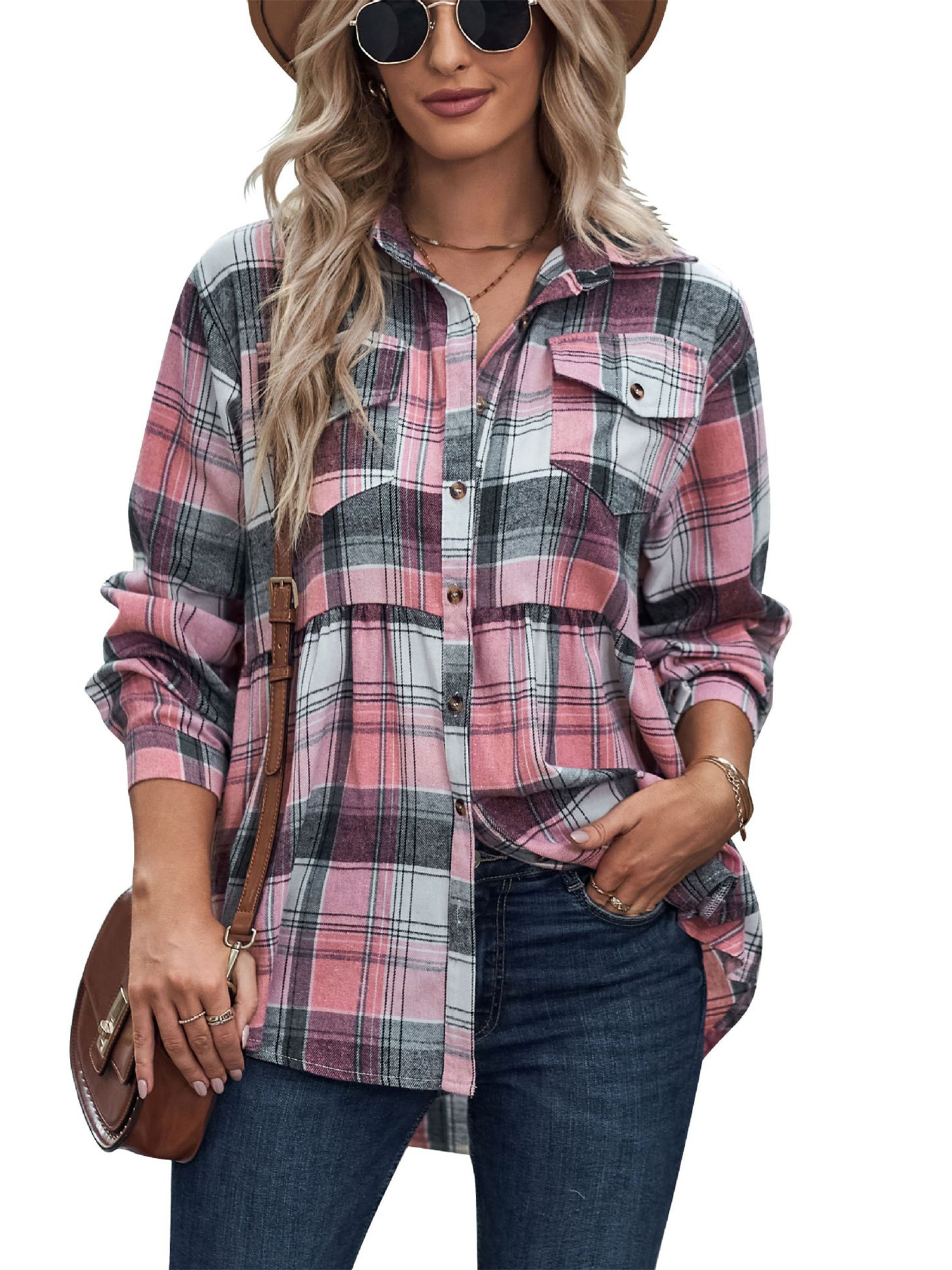 Harence Womens Plaid Flannel Shirt Jacket Long Sleeve Button Down ...