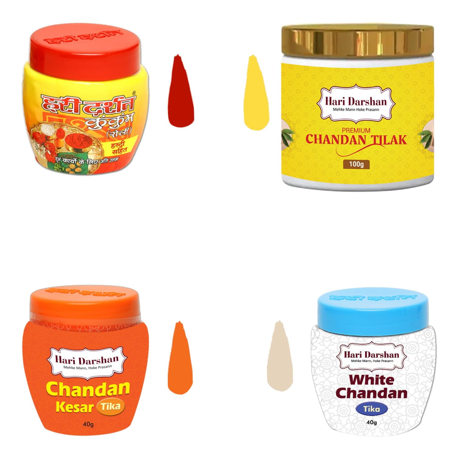 Hari Darshan Premium Chandan Tika Combo Pack of 4 Chandan Tilak Kesar Tika Kumkum Roli Tika ...
