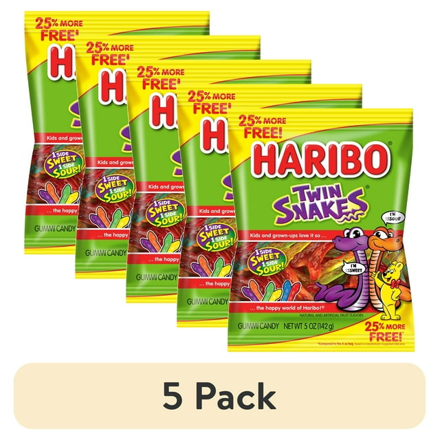 (5 pack) HARIBO Twin Snakes Original Assorted Fruit Flavor Gummy Candy ...
