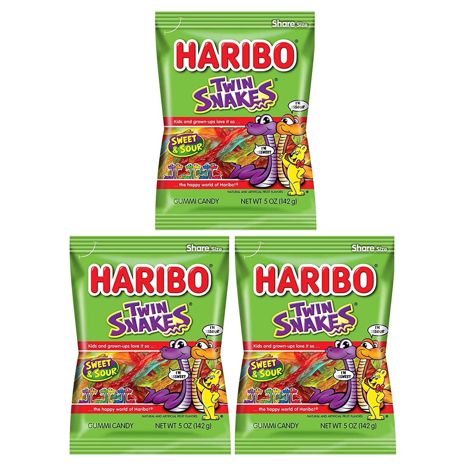Haribo Sweet & Sour Snakes Pack 3 (5oz Bags) Gummi Candy Peg Bag for ...