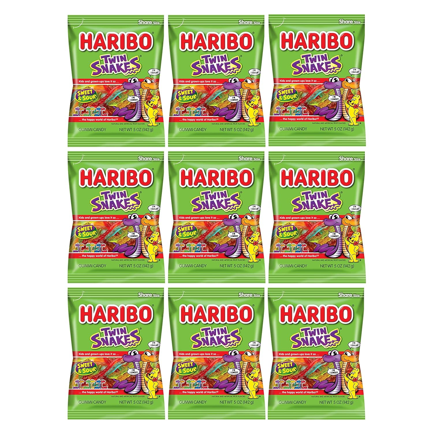 Haribo Sweet & Sour Snakes Pack 9 (5oz Bags) Gummi Candy Peg Bag for ...