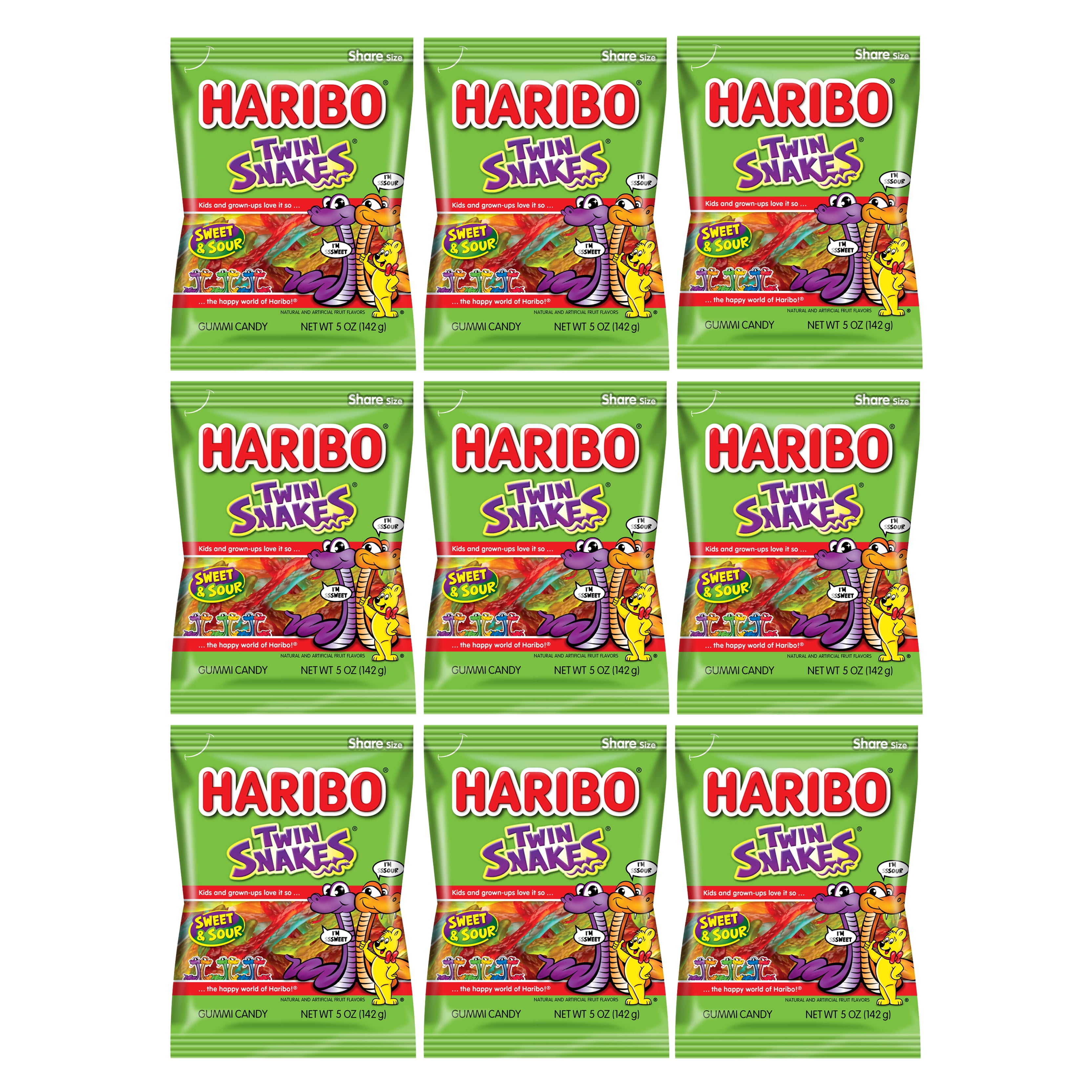 Haribo Sweet & Sour Twin Snakes Pack of 9 (5oz Bags) Gummi Candy Peg ...