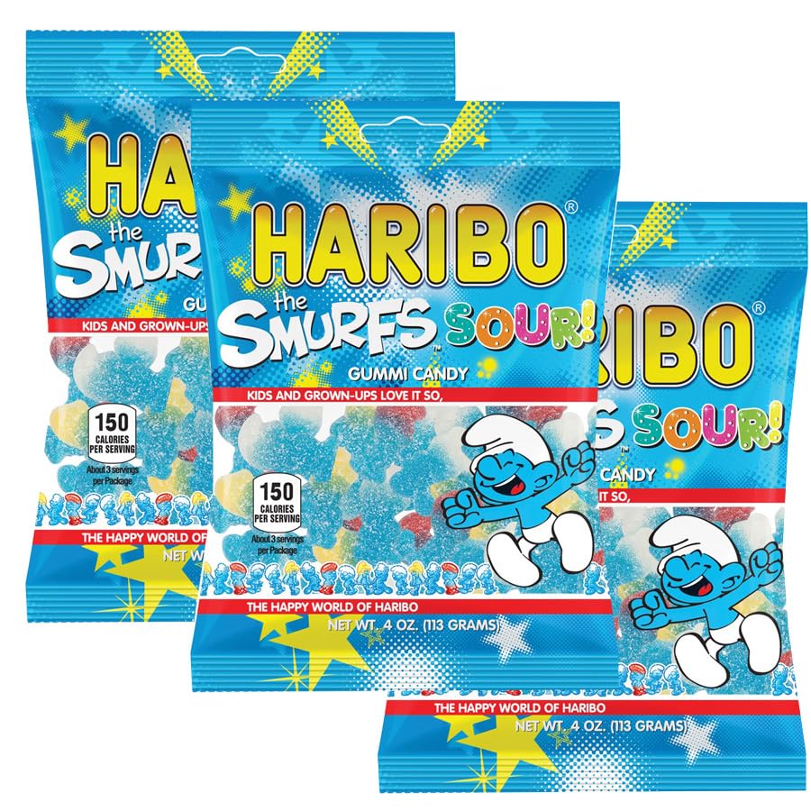 Haribo Smurfs Sour Gummy Bags 4oz 3 Pack Share Fun Snacks Perfect for ...
