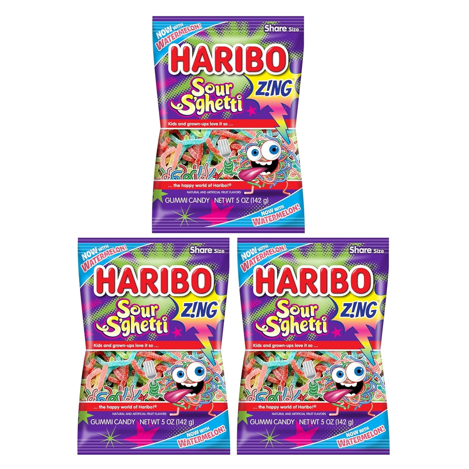 Haribo ZING Sour S'ghetti Pack 3 (5oz Bags) Sweet and Strawberry ...