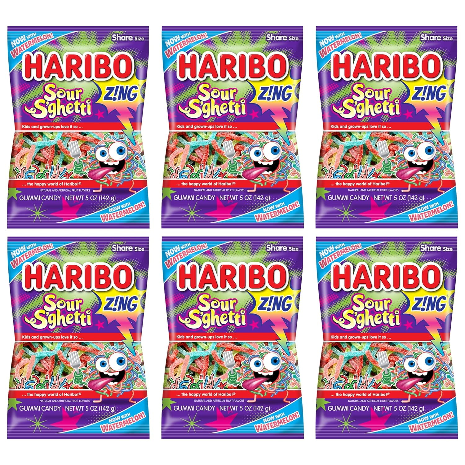 Haribo ZING Sour S'ghetti Pack 6 (5oz Bags) Sweet and Strawberry ...