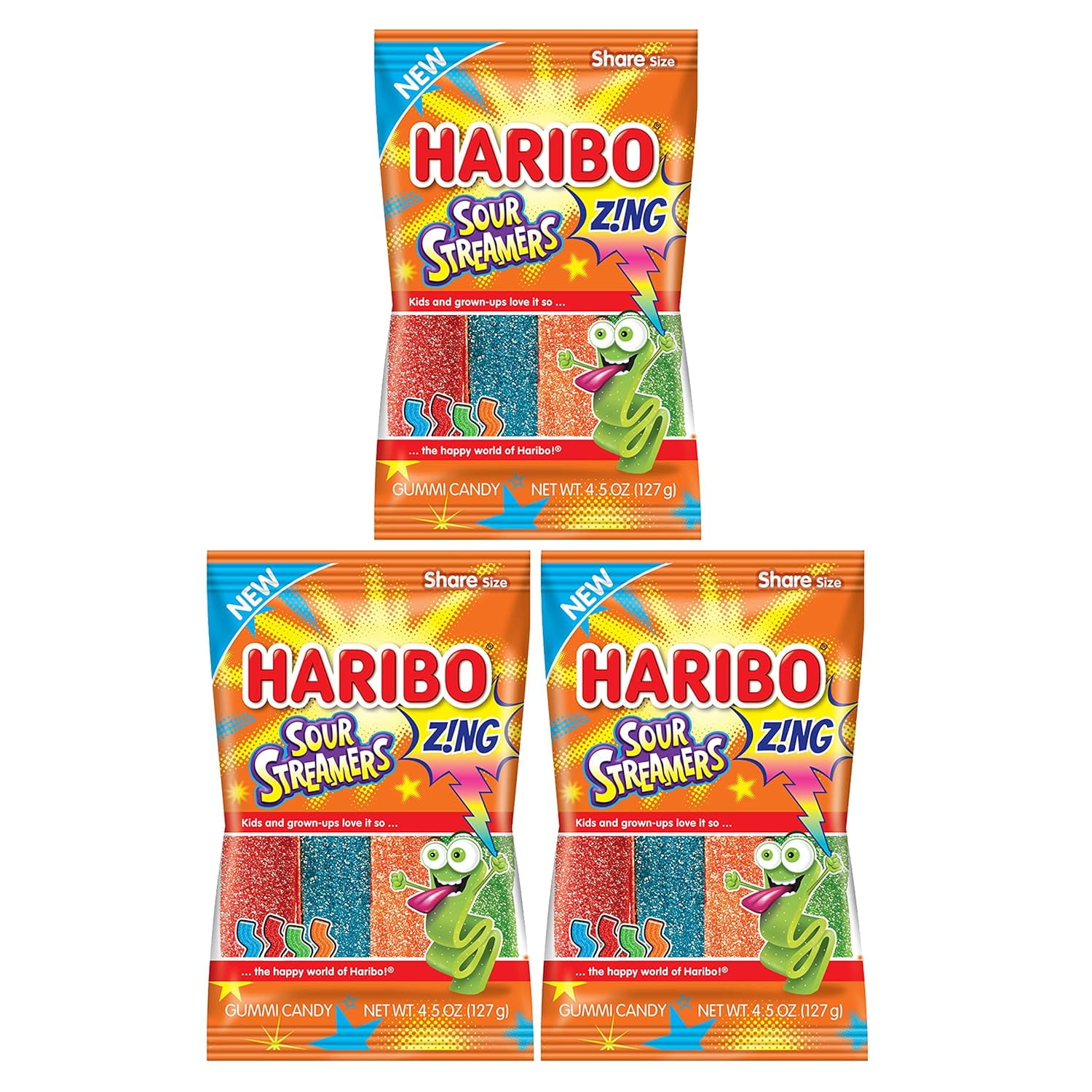 Haribo ZING Sour Sreamers Pack 3 (4.5oz Bags) Sour Cherry, Sour Blue ...