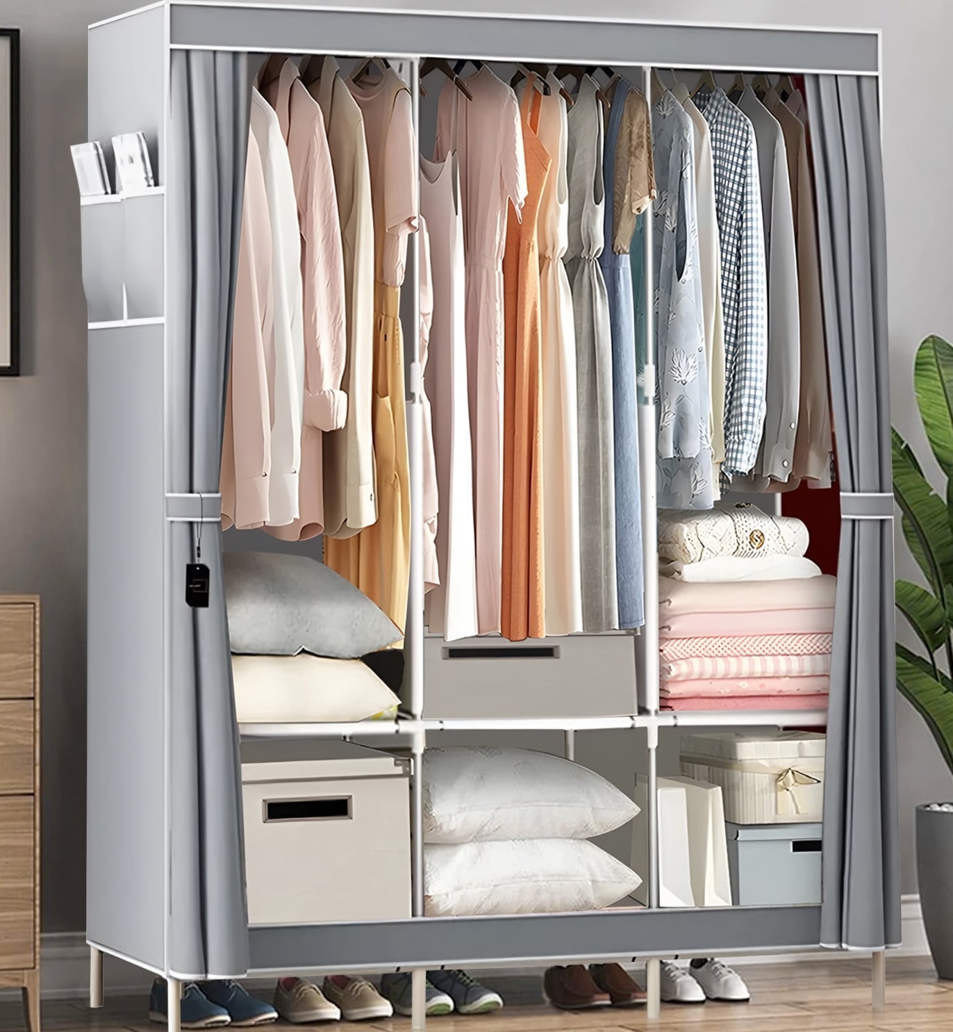 Harigal 67'' Dustproof Closet Wardrobe with Shelves, Portable Clothes ...