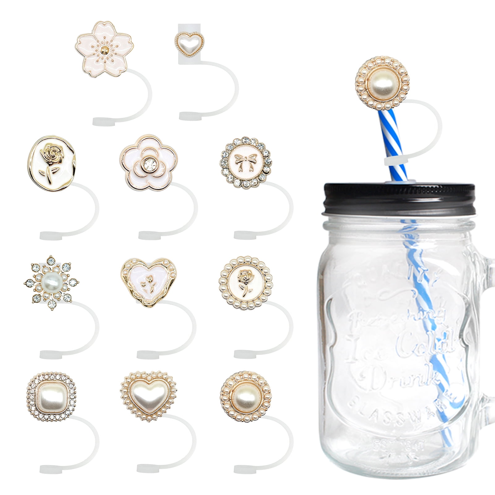 Hariumiu 1/11Pcs Straw Cap for Cup Faux Pearl Straw Topper for 30&40 Oz ...
