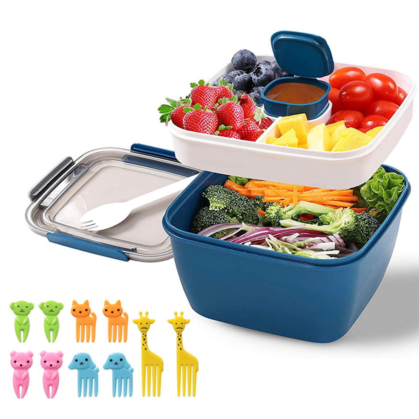 Hariumiu 1100/1500ML Double Layers Lunch Box with Spoon Sauce Container Fruits Pick Airtight Lid ...