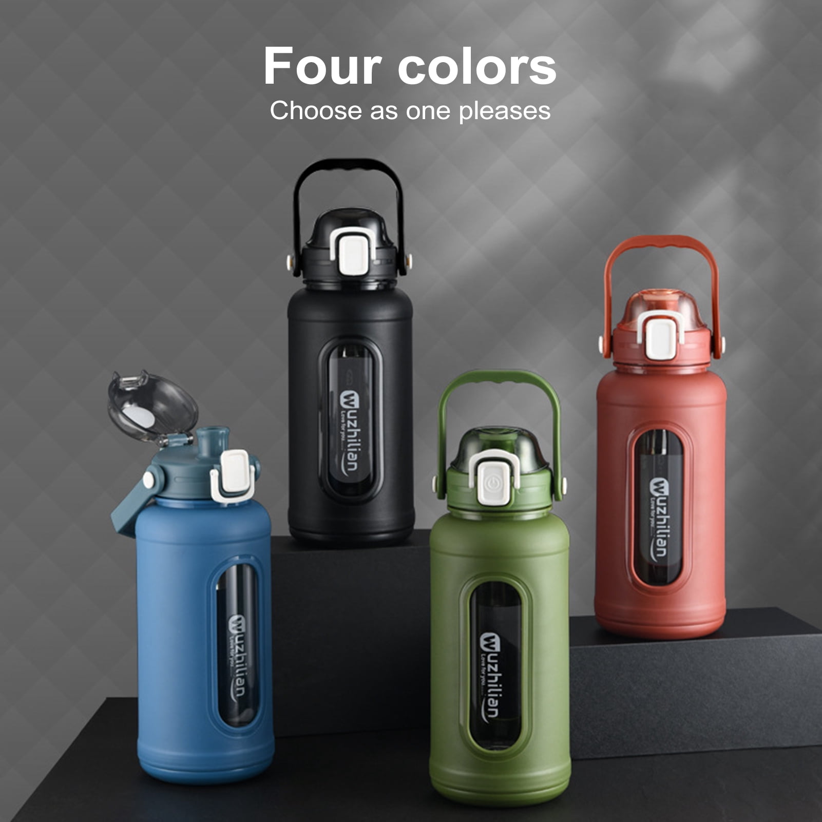 Hariumiu 1500ML Glass Drinking Bottle with Straw Handle Stainless Steel ...