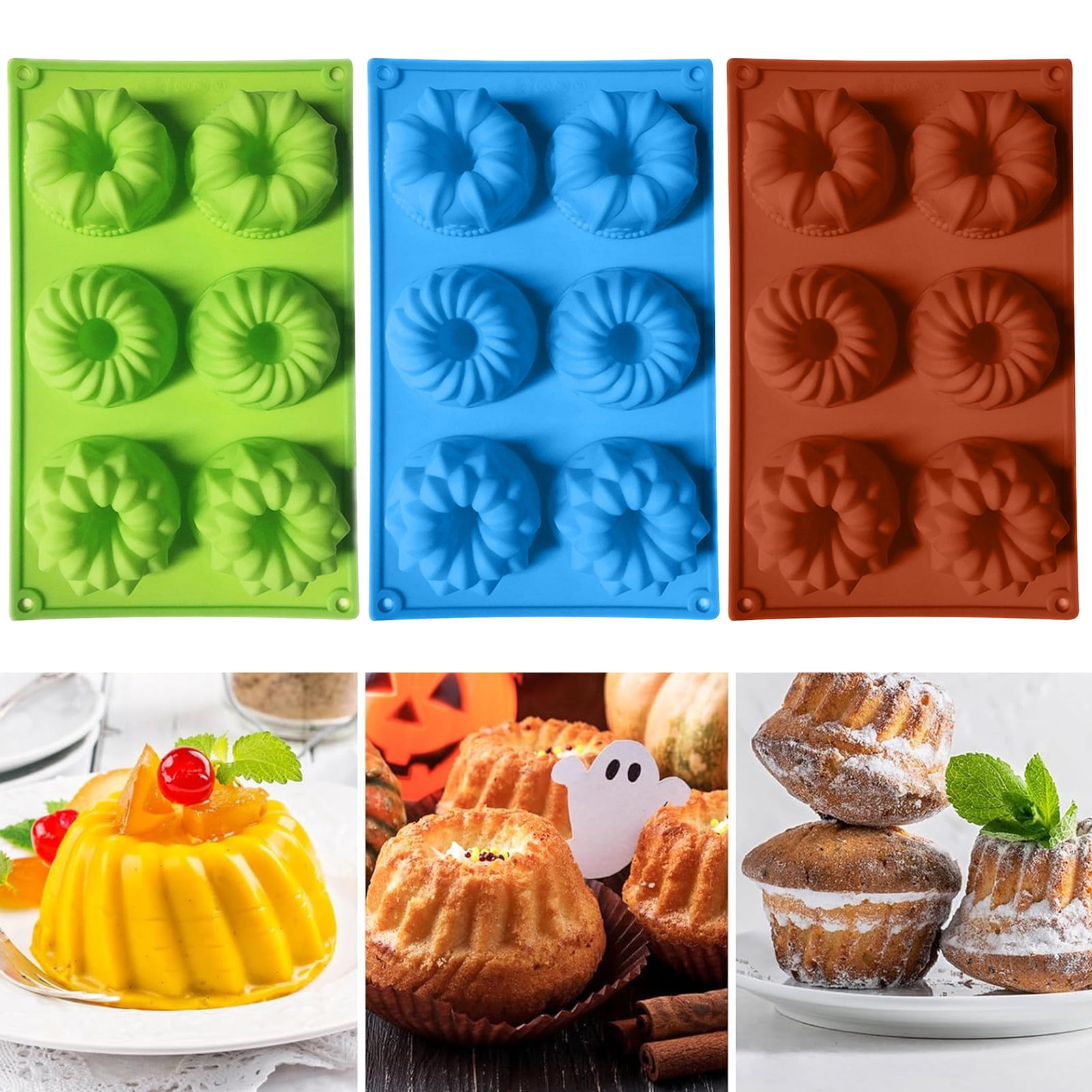 Hariumiu 2Pcs Silicone Mini Bundt Cake Mold 3 Shapes 6-Grids BPA-Free ...