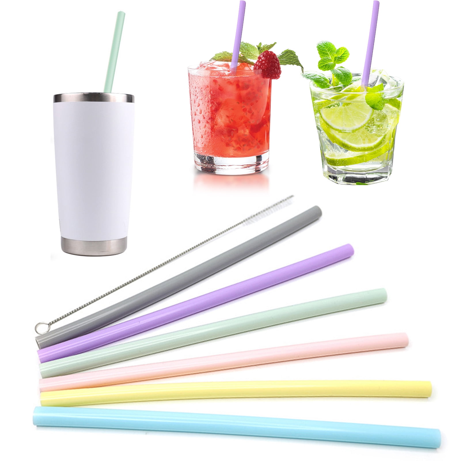 Hariumiu 6 Pcs 9-inch Long Silicone Straw Set Reusable Straws with ...
