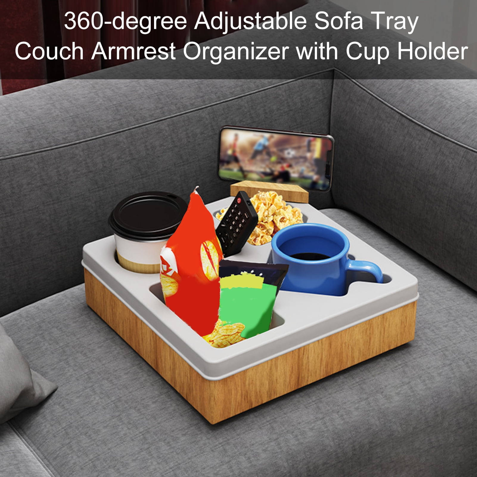 Hariumiu Couch Cup Holder Tray with 360 Degrees Rotatable Phone Stand ...