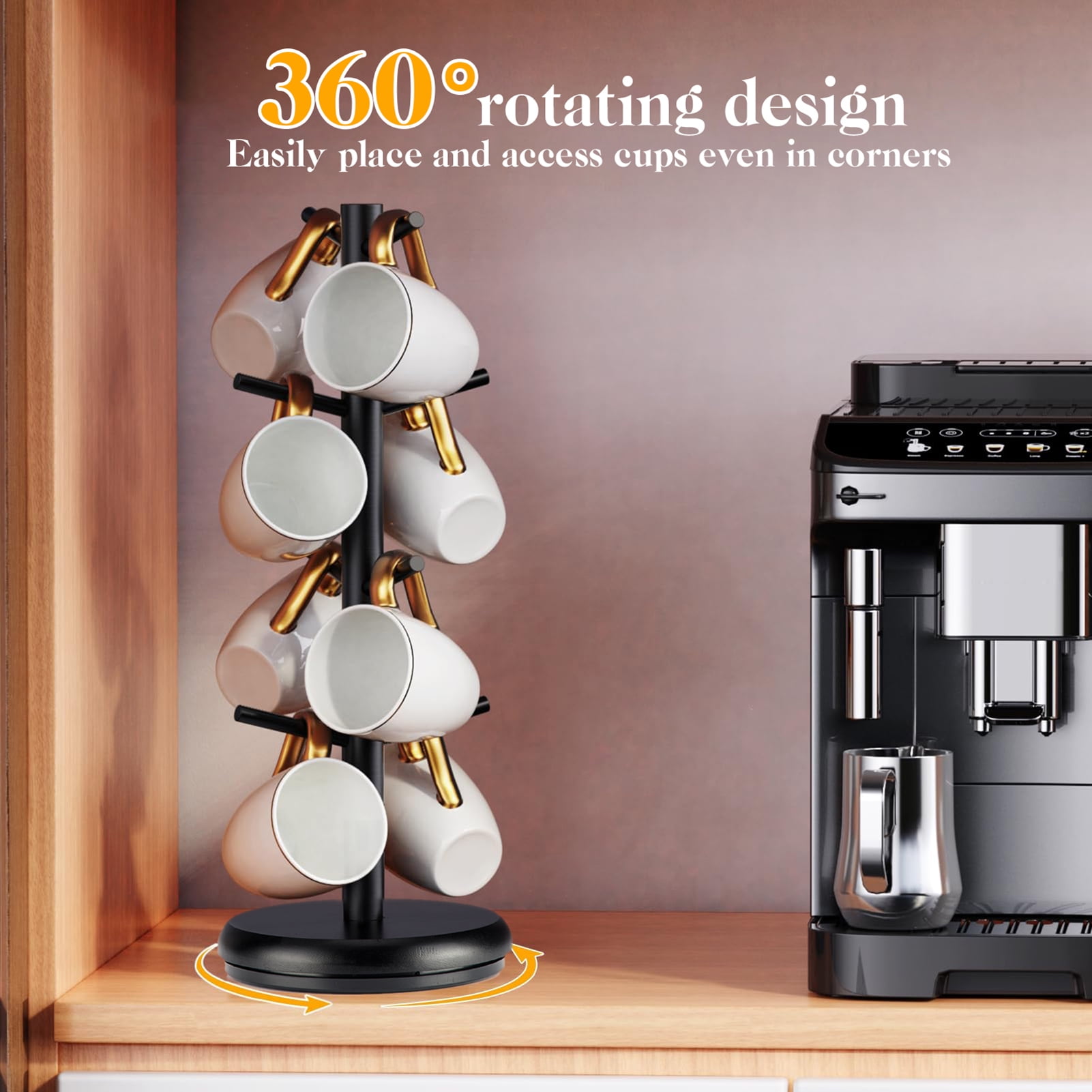 Hariumiu Cup Holders Tree Wooden Rotating Cup Stand with 8 Hooks Coffee ...