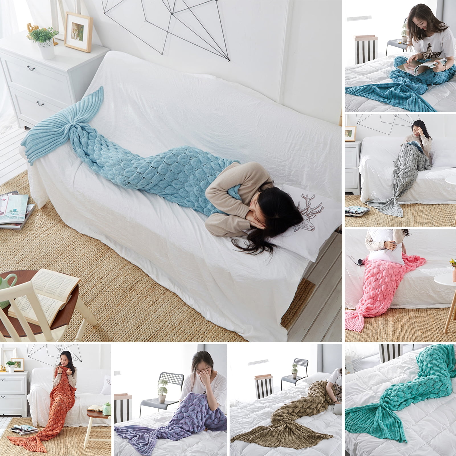 Hariumiu Mermaid Tail Blanket Knitted Scale Texture Elastic Thick Keep ...