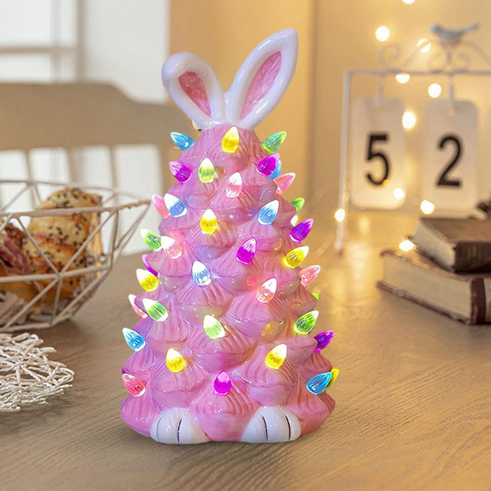 Hariumiu Spring Easter Rabbit Tree Lamp Resin Pink Bunny Tree Lamp with ...