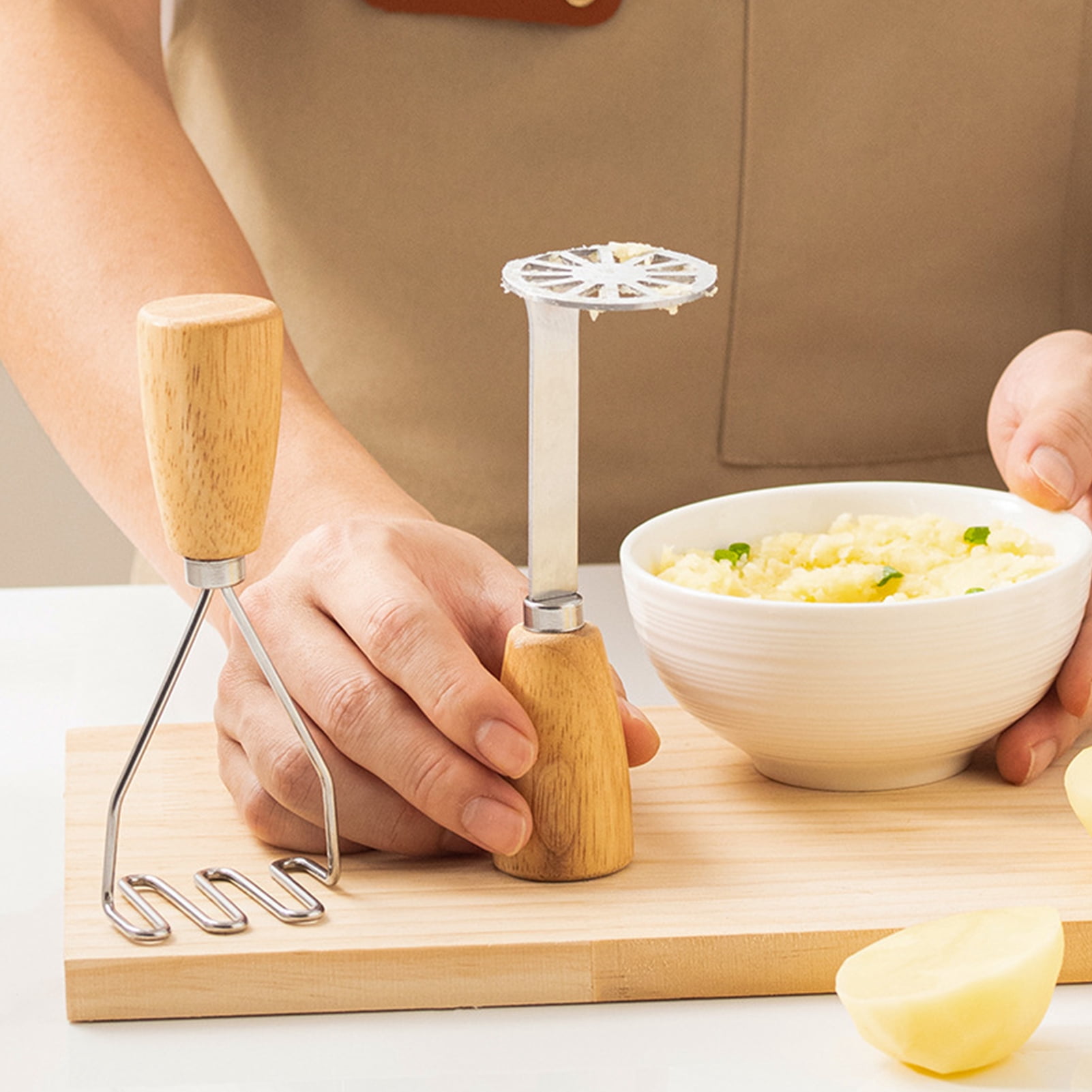 Hariumiu Stainless Steel Potato Masher Standing Wooden Handle ...
