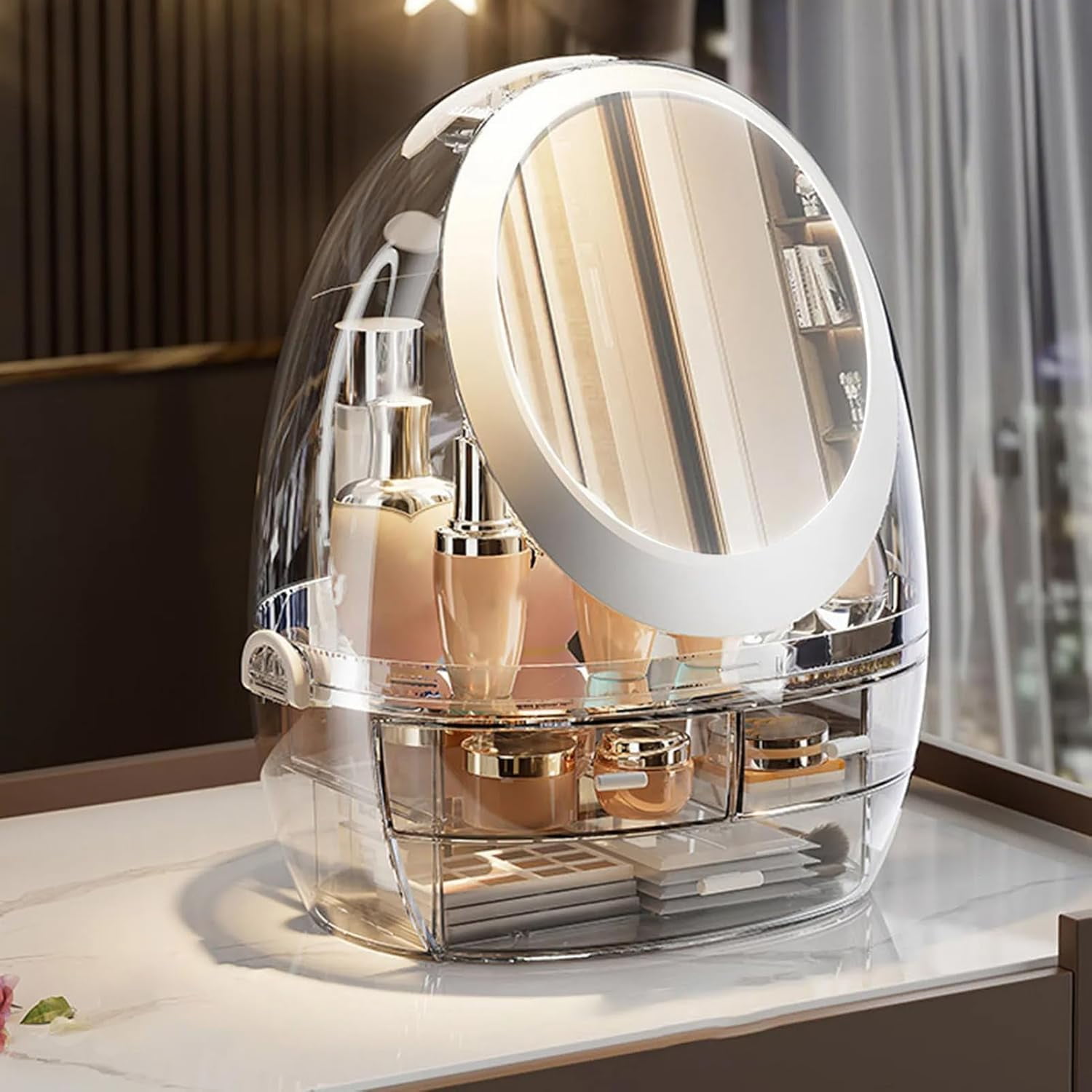 Harivar Mart HD Mirror Cosmetic Makeup BoxSkin Care Product Organizer with 3 Drawers Rotate ...