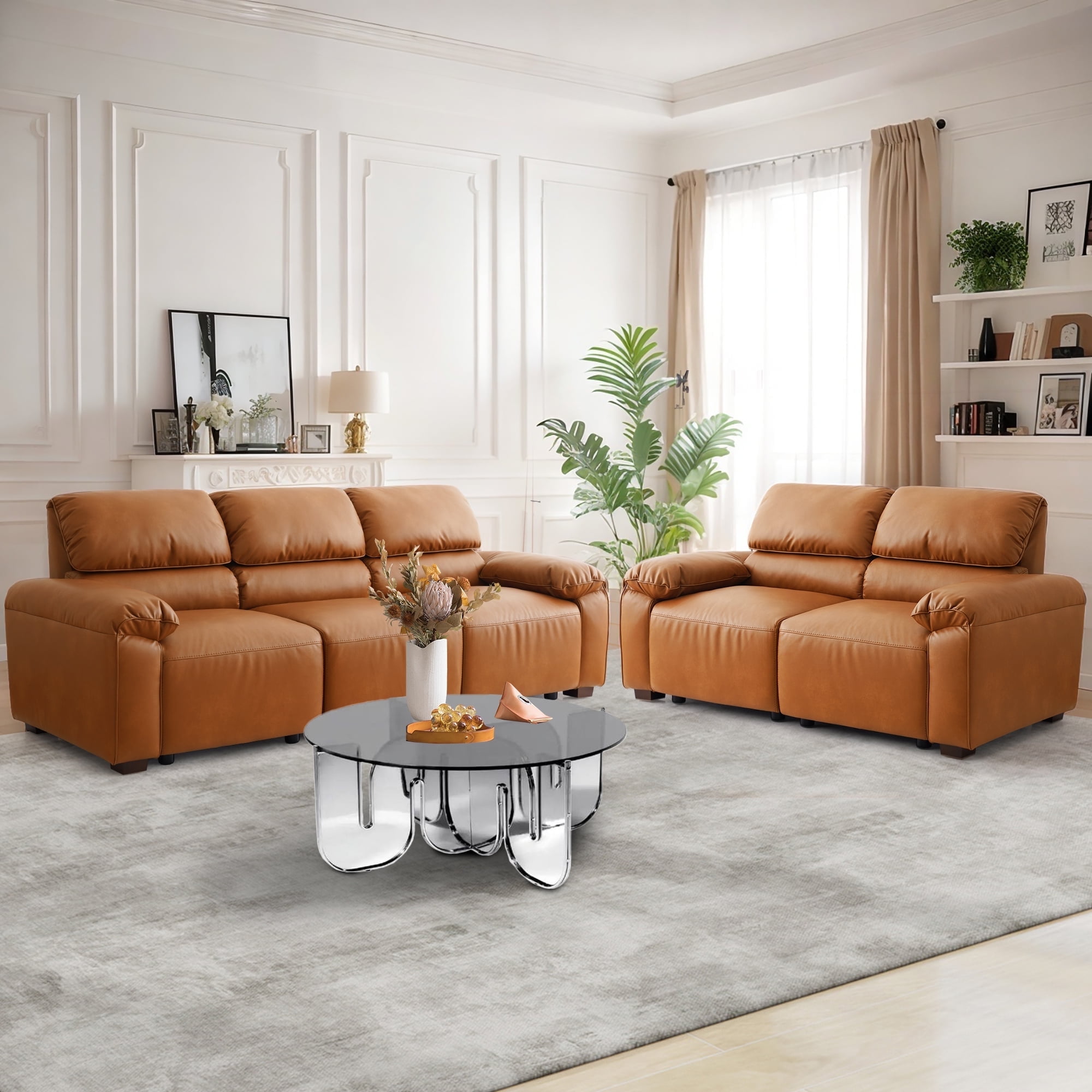 Harkawon 2-Piece Leather Sofa Set for Living Room(Brown, 5-Seat ...