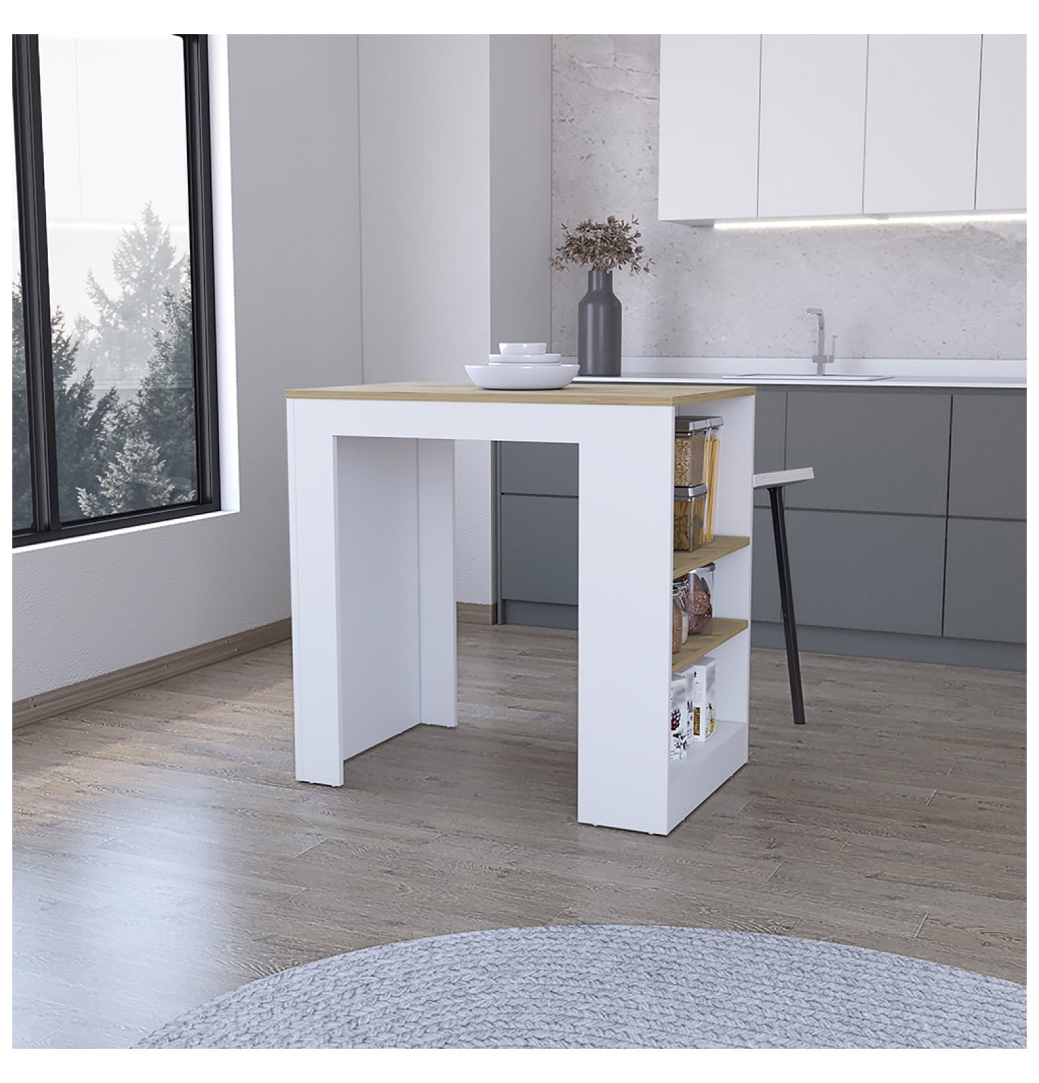 Harlan Kitchen Island, Counter Height Table Top with 3-Side Shelf ...