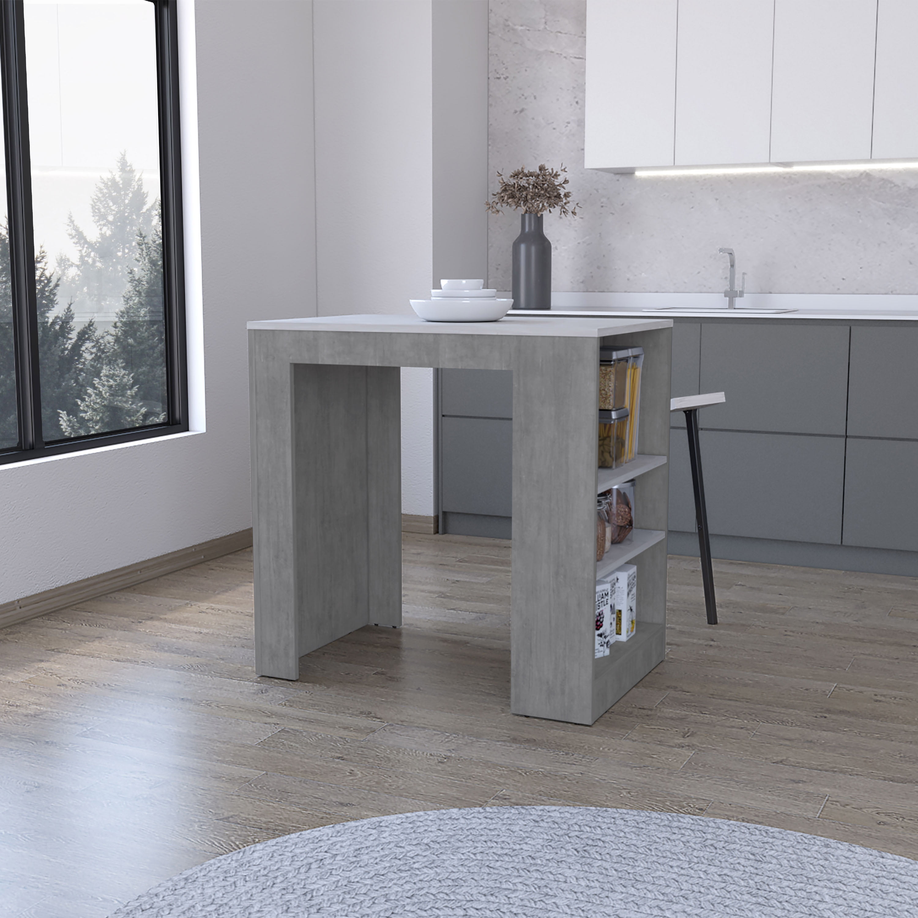 Harlan Kitchen Island, Counter Height Table Top with 3-Side Shelf ...