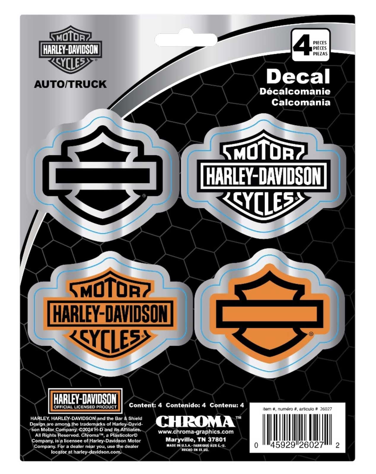 Harley-Davidson 4-Piece Chromed Bar & Shield Logo Decals - Silver - 6 x ...