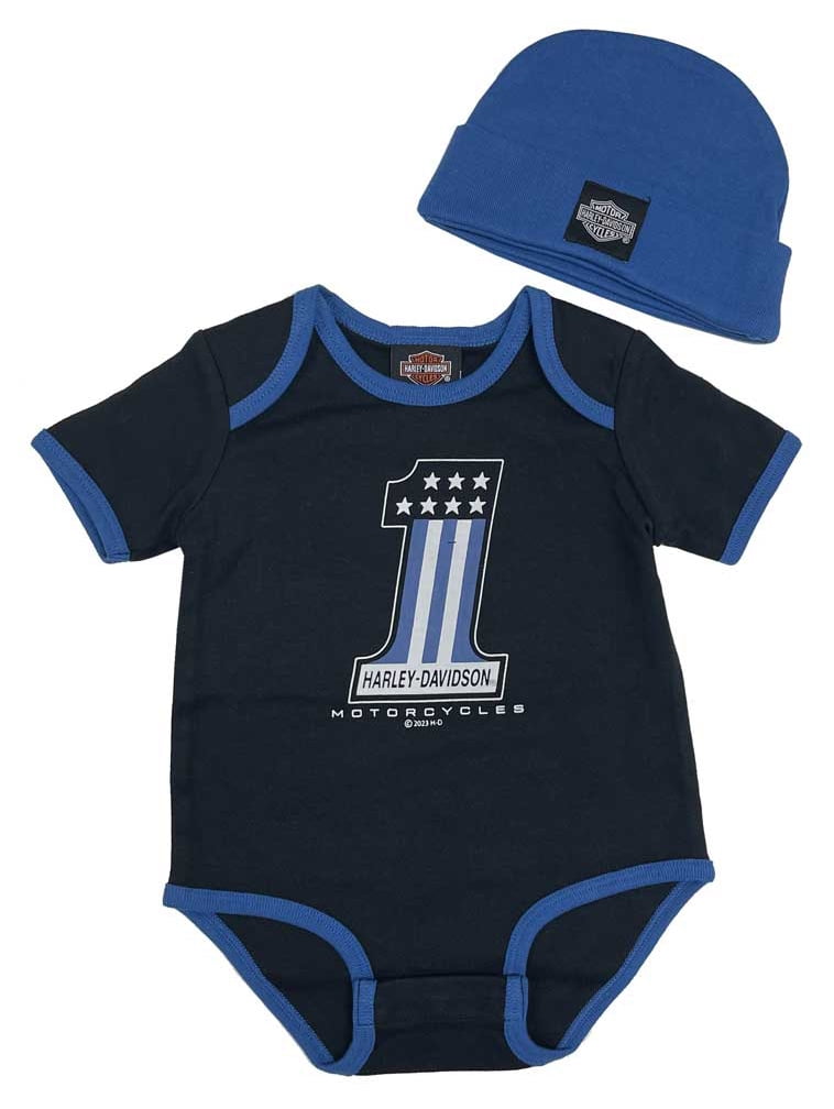 Harley-Davidson Baby Boys' Infant Ringer Creeper w/ Beanie - Black/Blue ...