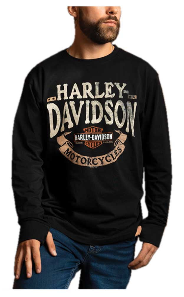 Harley-Davidson Men's Tattered Long Sleeve Crew-Neck Cotton Shirt - Black (2XL), Harley Davidson ...