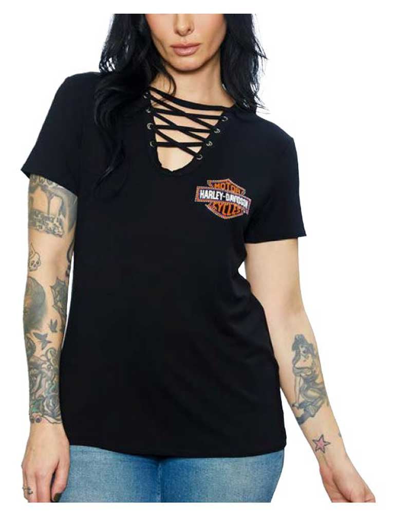 Harley-Davidson Women's Embellished Logos Short Sleeve Lace-Up Front ...