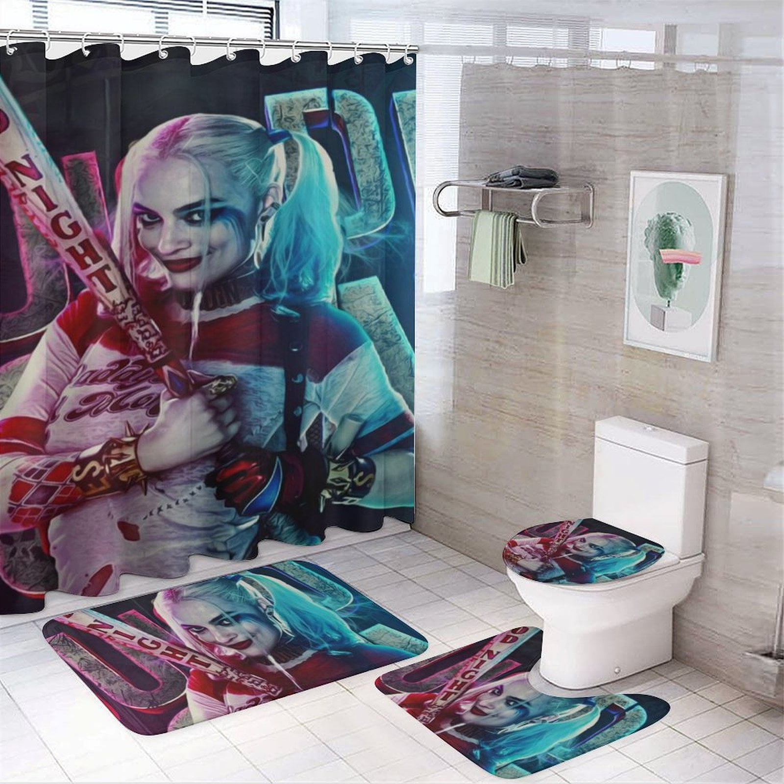 Harley Quinn 4 Pcs Shower Curtain Sets with 12 Hooks Non-Slip Rugs U ...