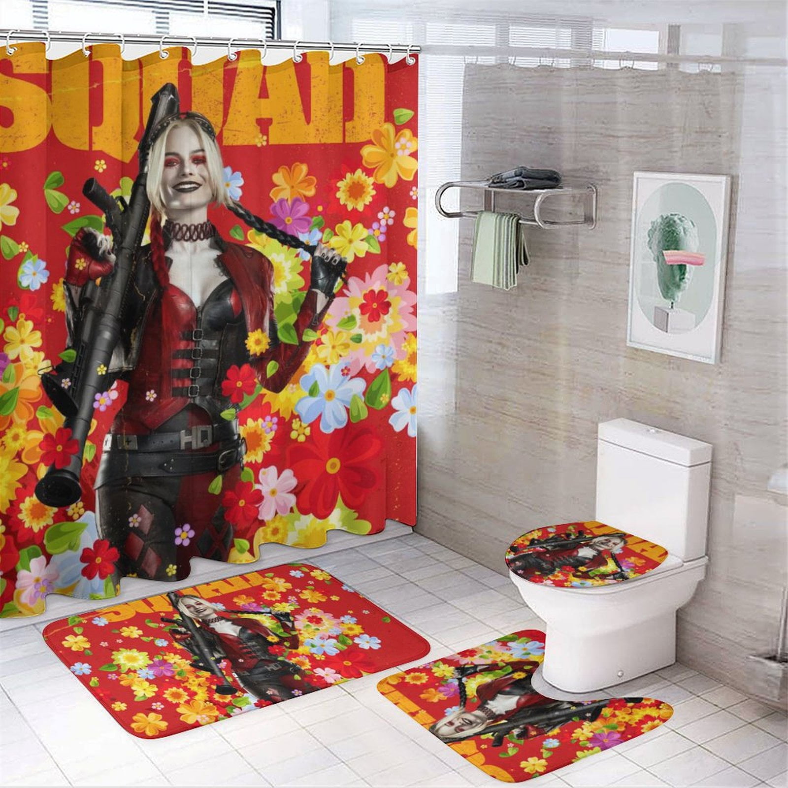 Harley Quinn 4 Pcs Shower Curtain Sets with 12 Hooks Non-Slip Rugs U ...