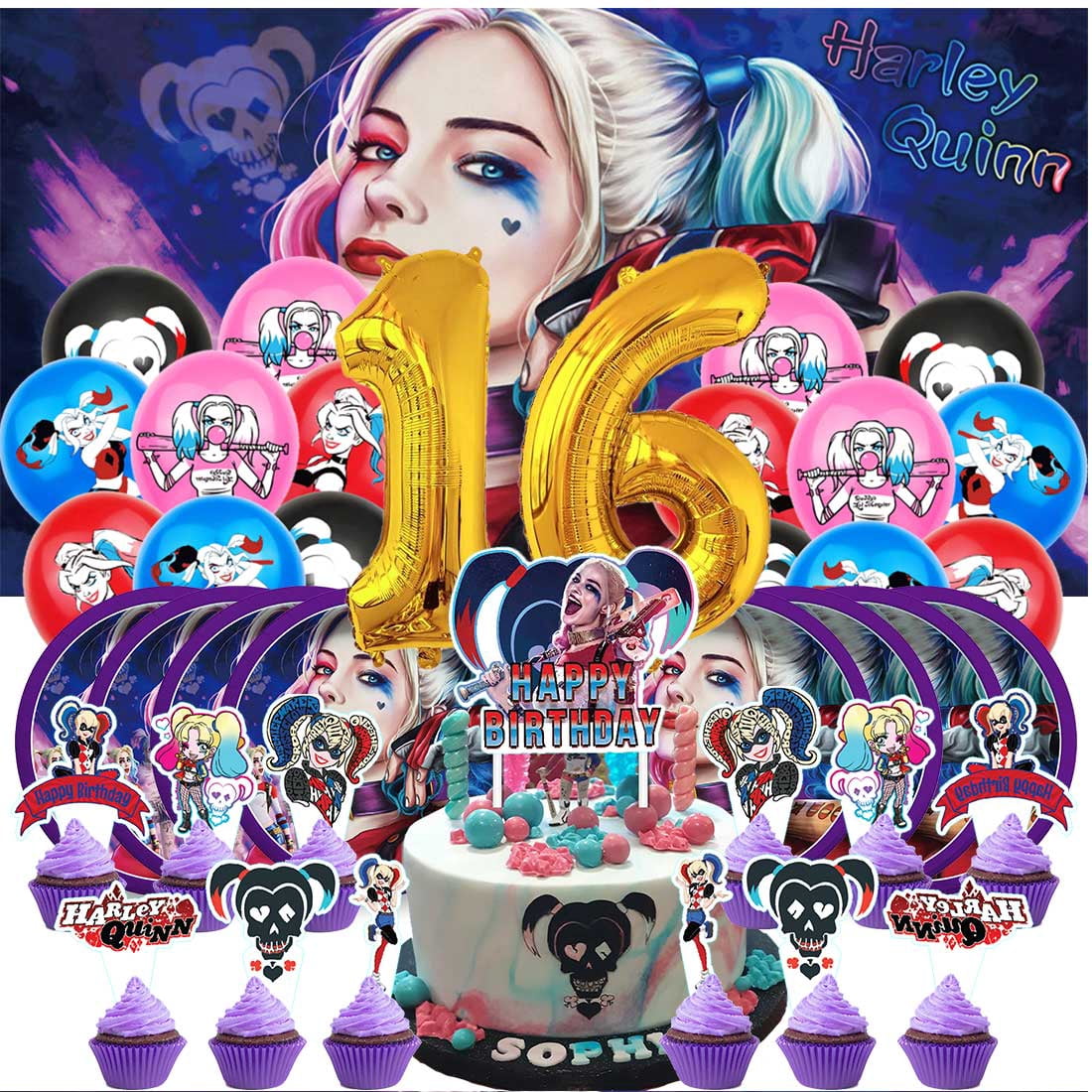 Harley Quinn Balloons Party Supplies 16th Decor Tableware Birthday Cake ...