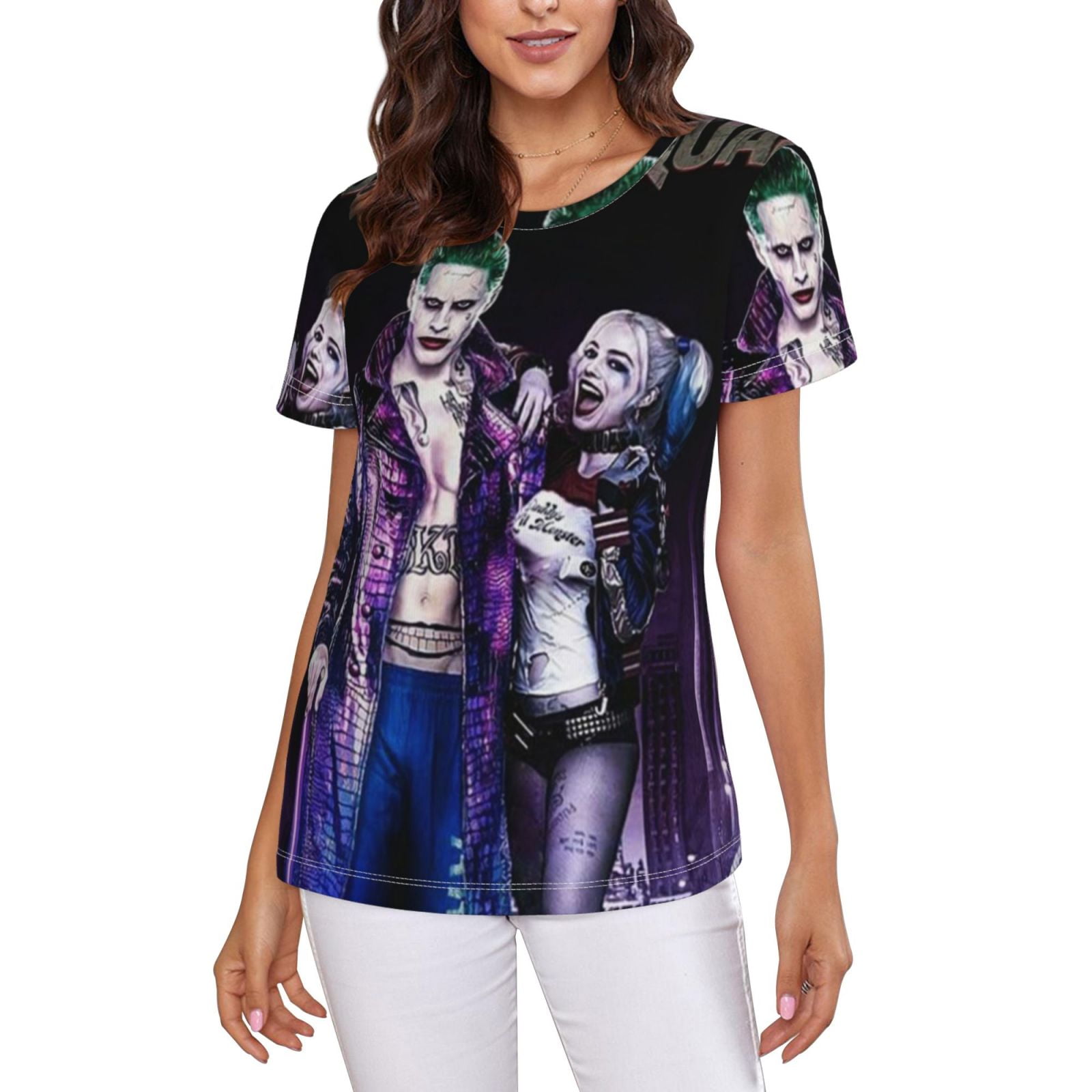 Harley Quinn Joker Animated Women's T Shirts Round Neck Short-Sleeve ...