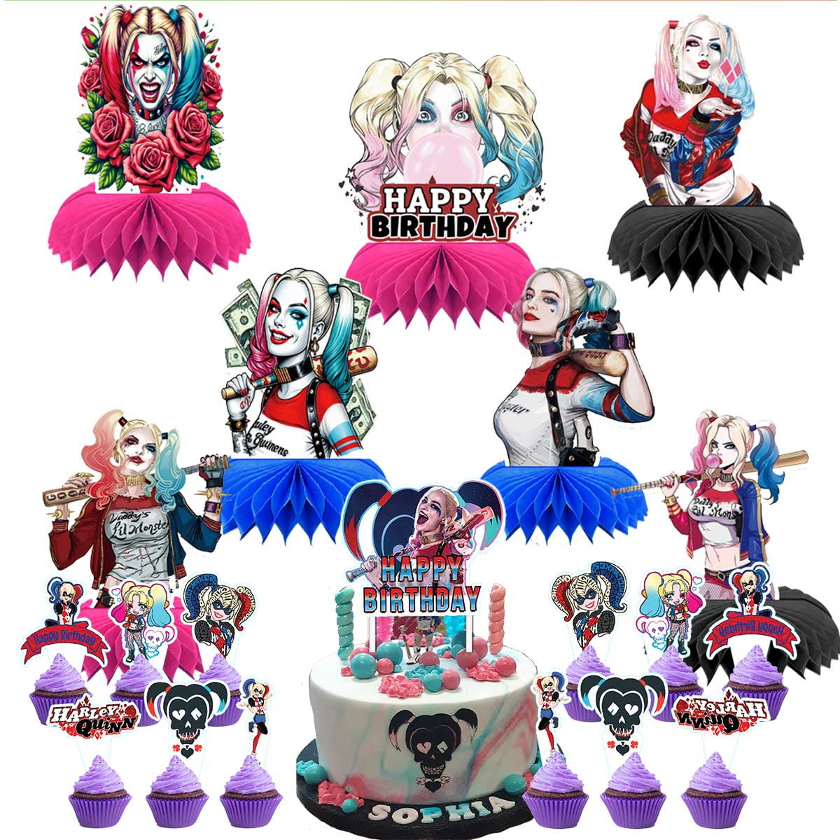 Harley Quinn Party Decor Supplies Honeycomb Centerpieces Table Toppers ...