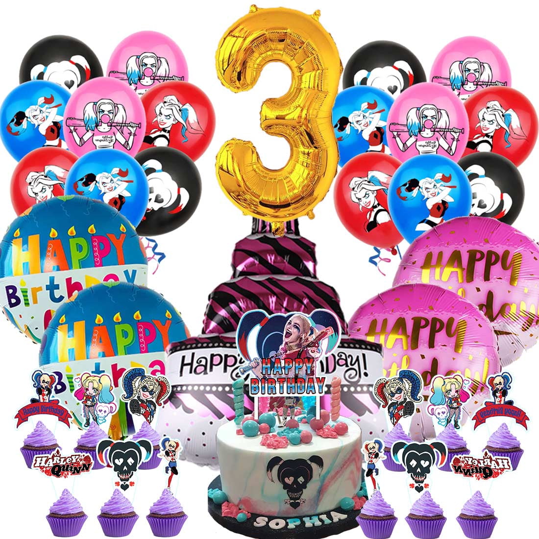 Harley Quinn Party Supplies 3rd Decor Kit Balloons Birthday Cake Topper ...