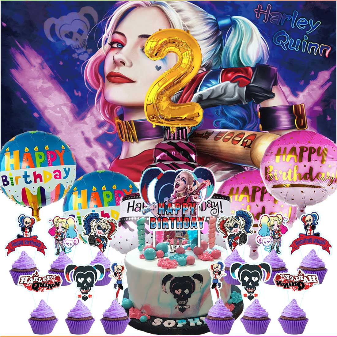 Harley Quinn Party Supplies Decor 2nd Kit Balloons Birthday Cake Topper ...