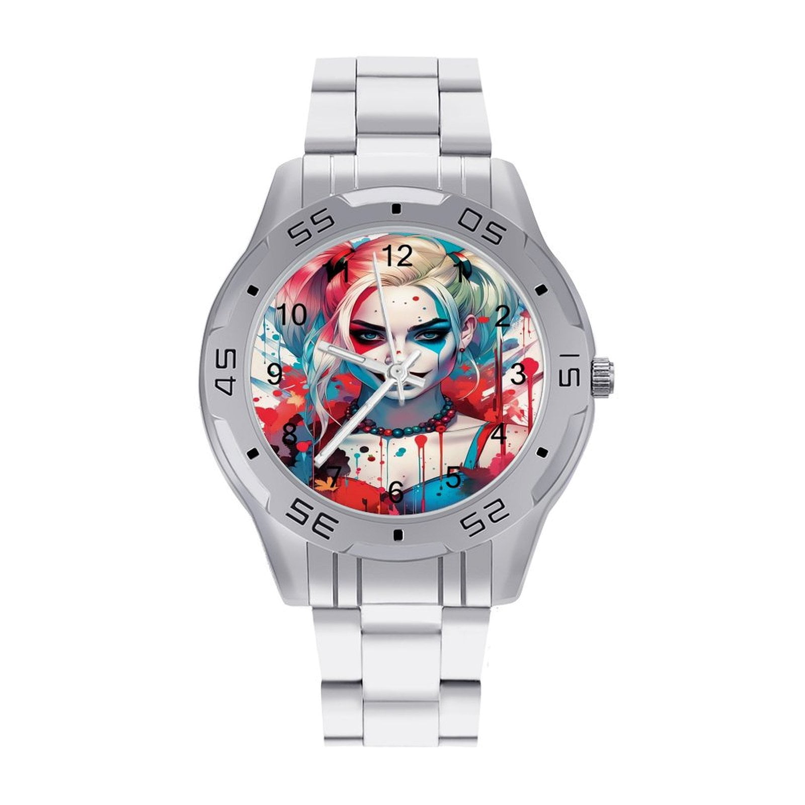 Harley-Quinn Watches for Men Stainless Steel Band Watch Round Printed ...