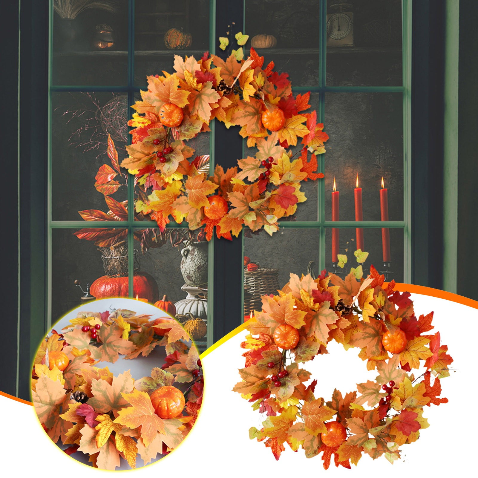 Harlier Artificial Fall Wreath, 19.7’’ Autumn Front Door Wreath with Pumpkin Daisy Berry Maple ...