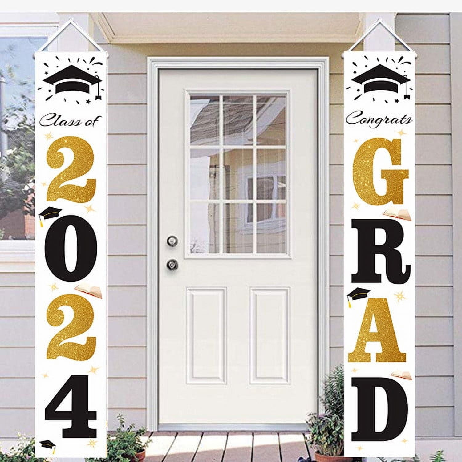 Harlier Graduation Porch Sign Banner, White Black Gold 2024 GRAD Door ...