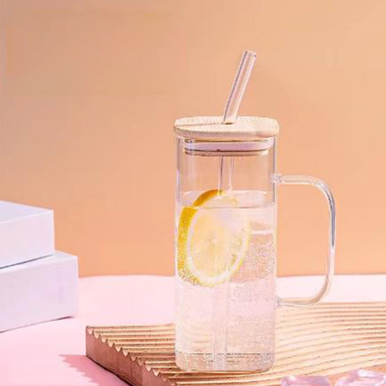 Square Glass Cups with Lids and Straws, 18 Oz Coffee Cups with Handle ...