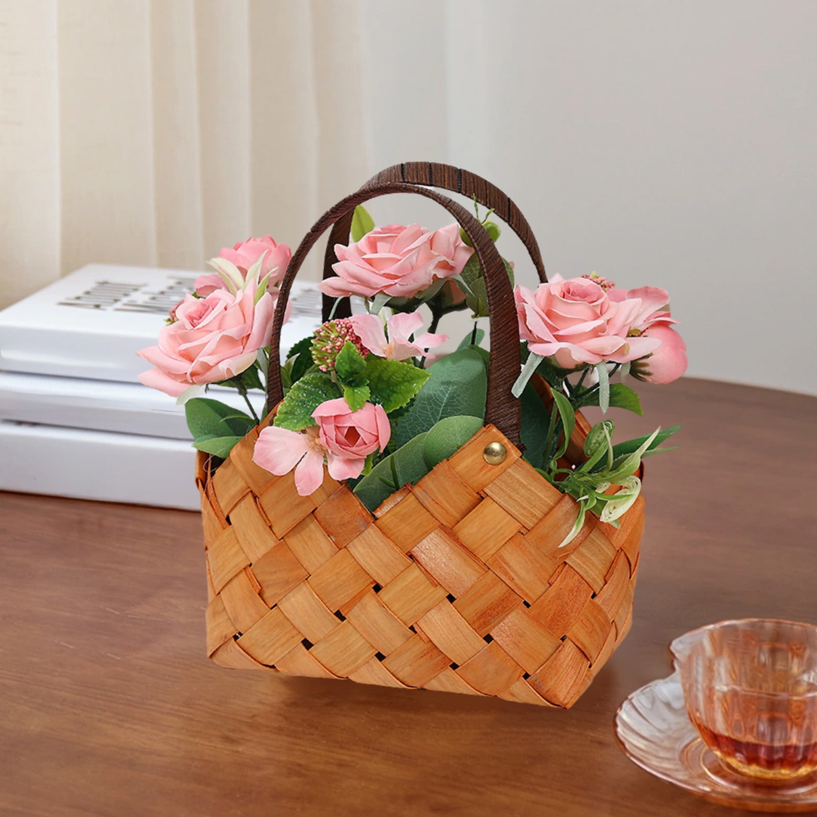 Harlier Wooden Woven Baskets with Aritificial Flowers, Hand-woven Wood ...