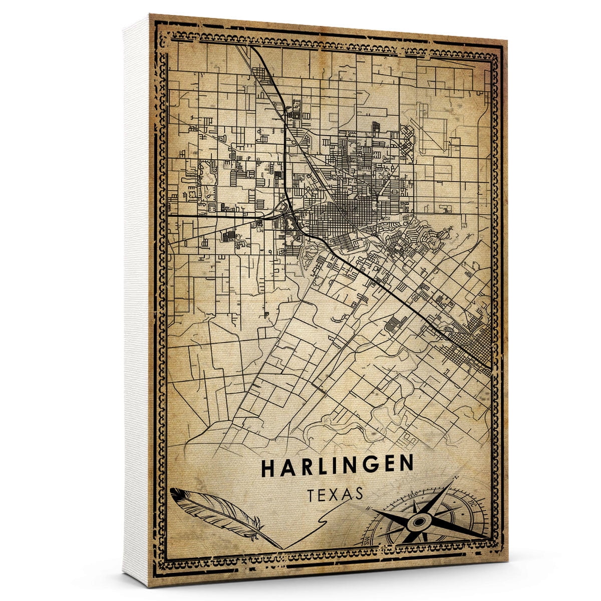 Harlingen Vintage Map Prints Canvas, Texas Map Art Canvas, Canvas ...