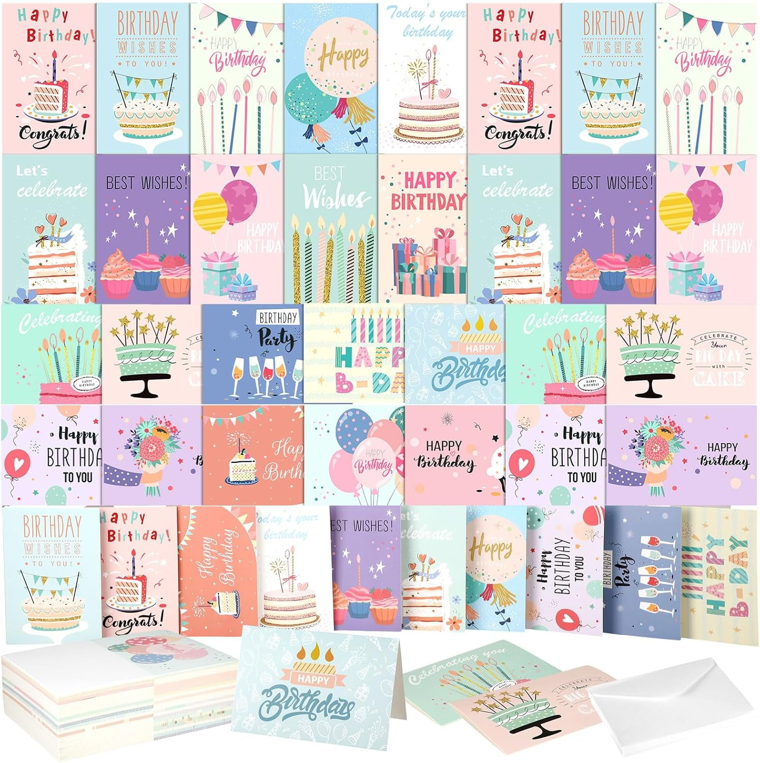 Harloon 200 Pack Happy Birthday Card Assorted Bulk with Blank Envelopes and Stickers 4 x 6 ...