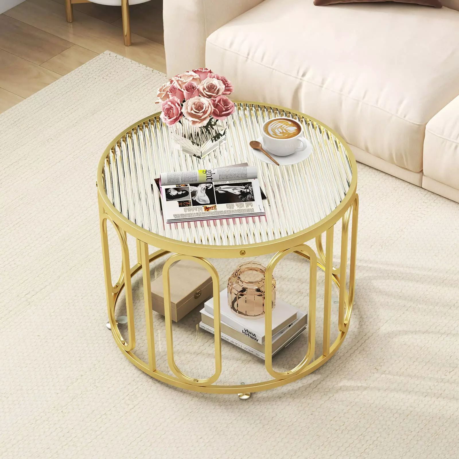 Harmijoy 24" Round Coffee Table, 2-Tier Accent Table with Reeded ...
