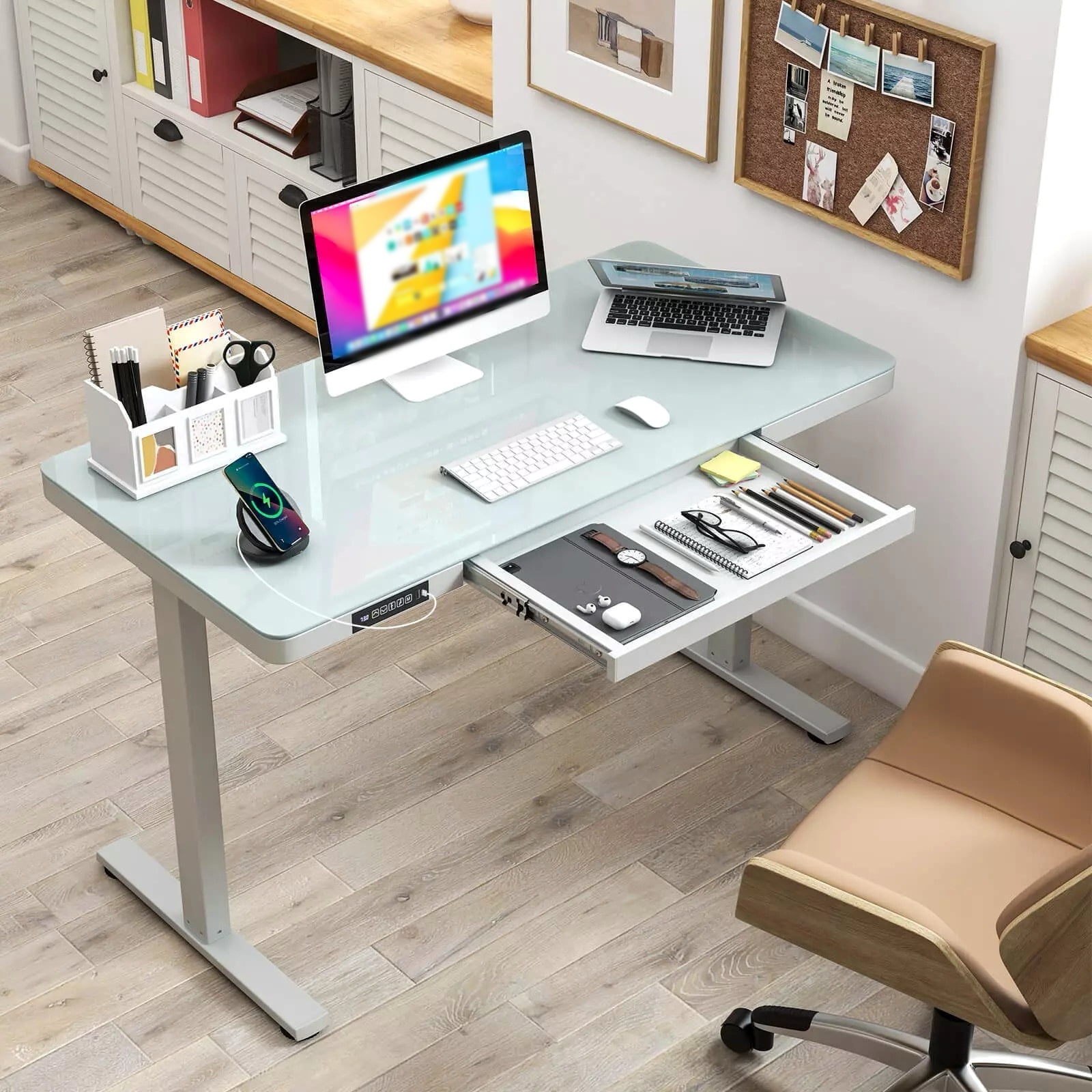 Harmijoy 48" x 24" Whole-Piece Glass Standing Desk w/Drawers Writable ...